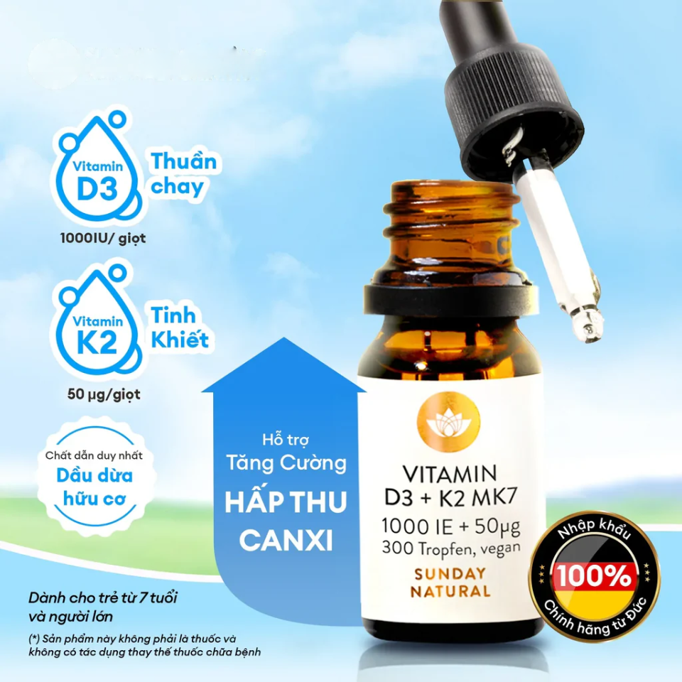 Vitamin D3 + K2 MK7 1000IE Sunday Natural thuần chay dạng giọt