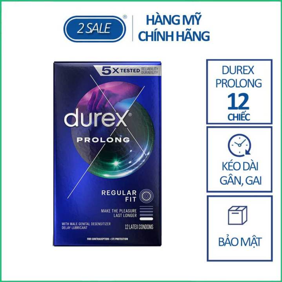 Hộp 12 Bao cao su có gai gân và lâu ra Durex Prolong 5in1 ( Mẫu m